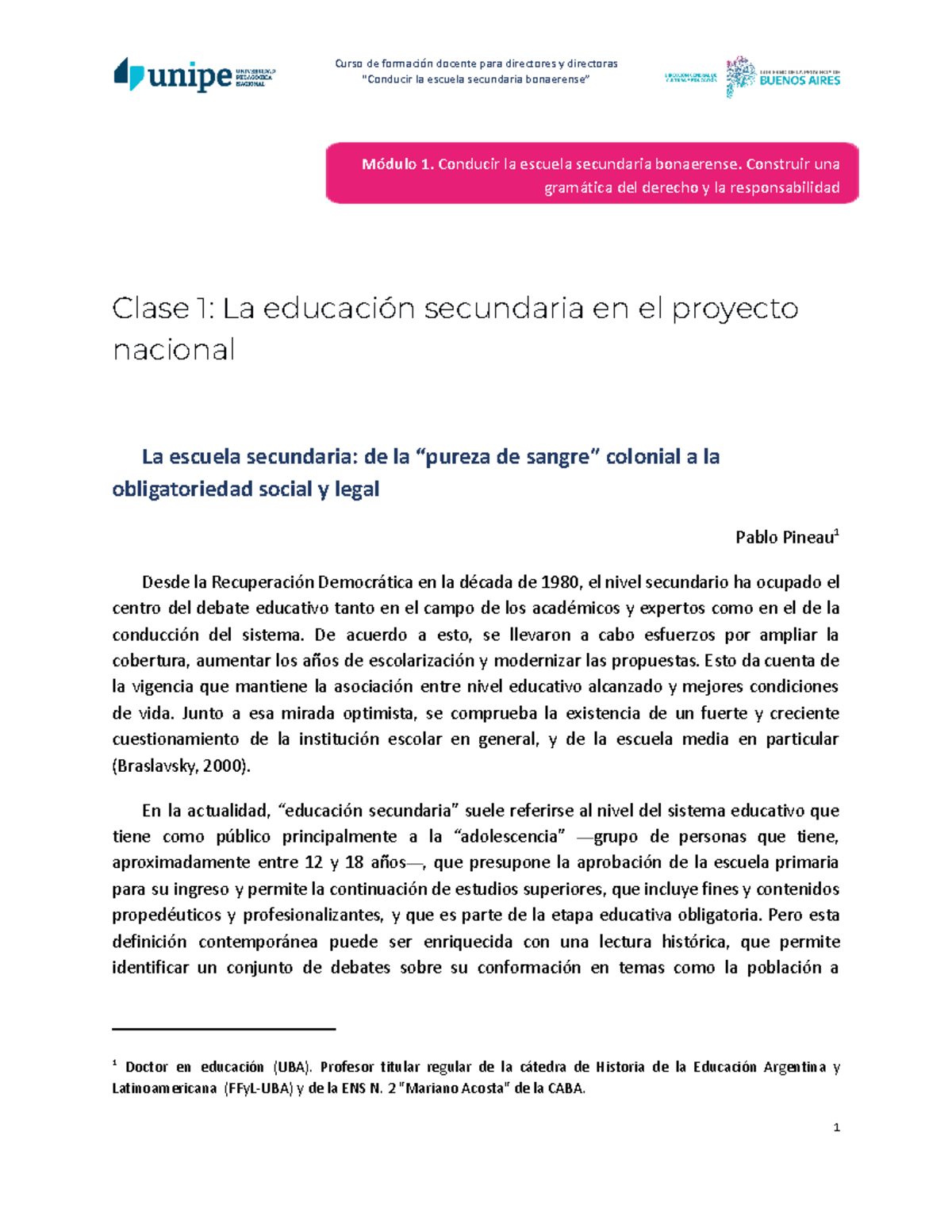 Módulo 1 Clase 1: La Educación Secundaria en el Proyecto Nacional - Studocu