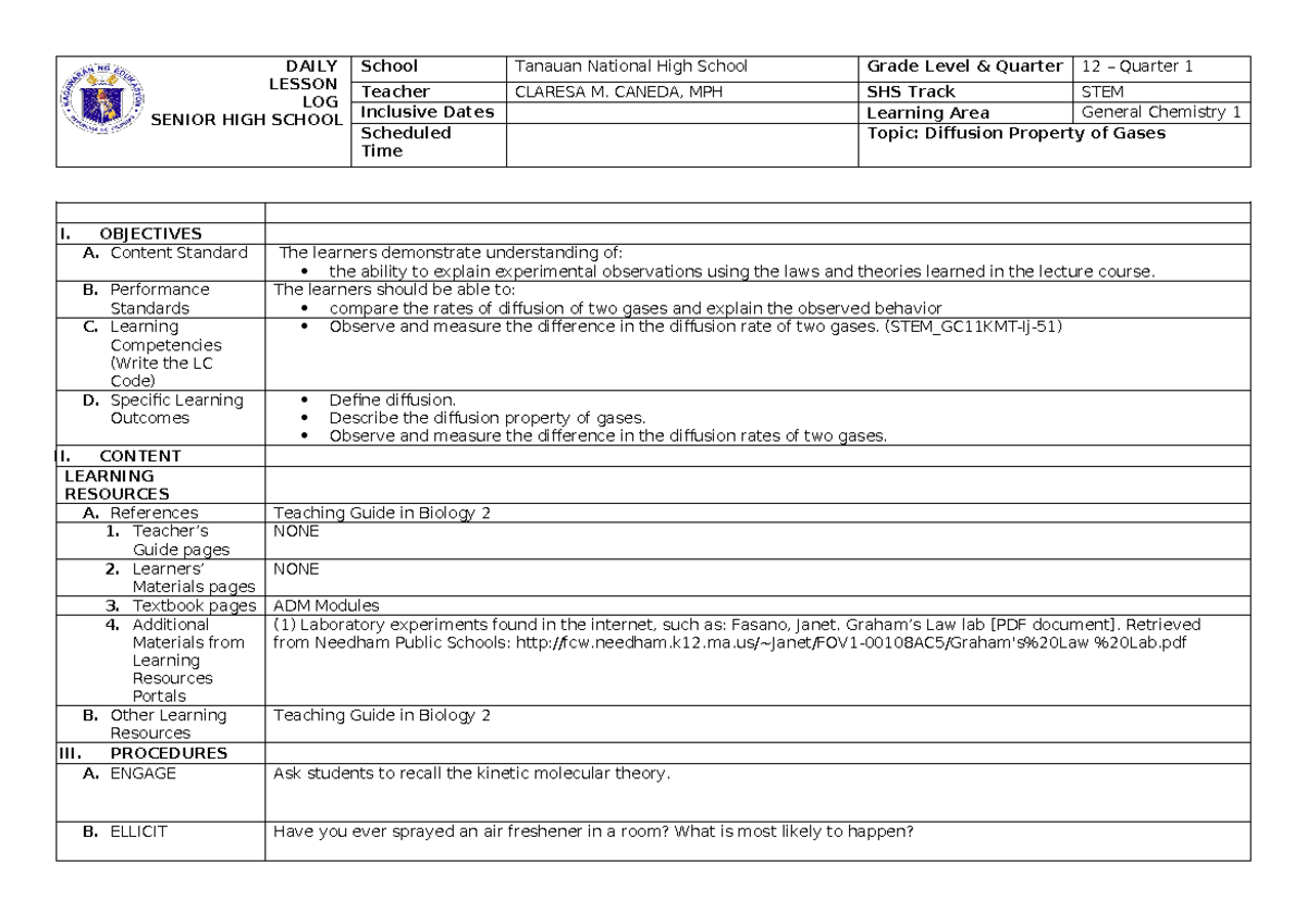 Lesson Exemplar on Gas Diffusion in Chemistry 1 (Grade 12) - Studocu