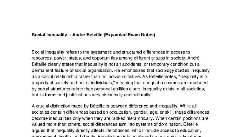 Social Inequality: André Béteille Exam Notes (Expanded) - Studocu