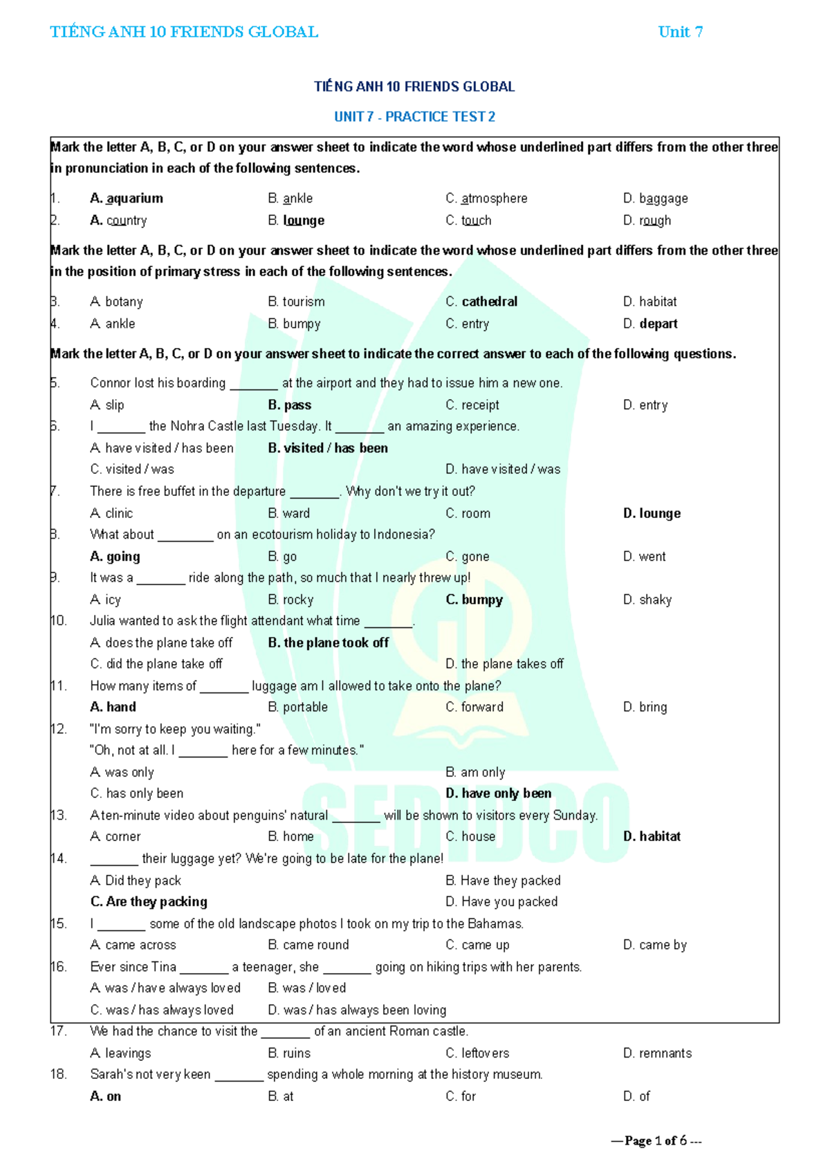 Tiếng Anh 10 - Friends Global: Unit 7 - Practice Test 2 Summary - Studocu
