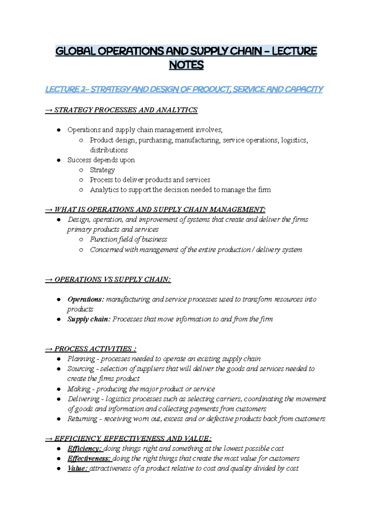Global Operations and Supply Chain - Lecture Notes Overview - Studocu