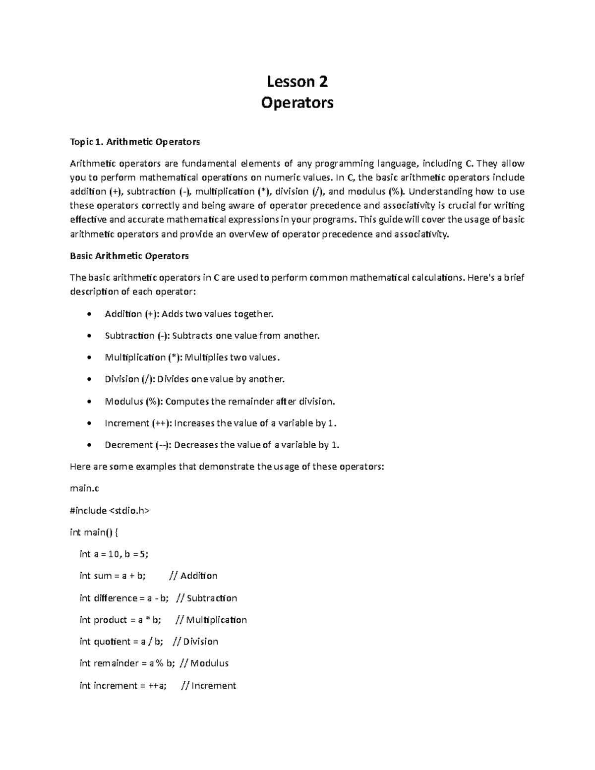 Lesson 2: Operators in C - Arithmetic, Assignment, and Bitwise - Studocu