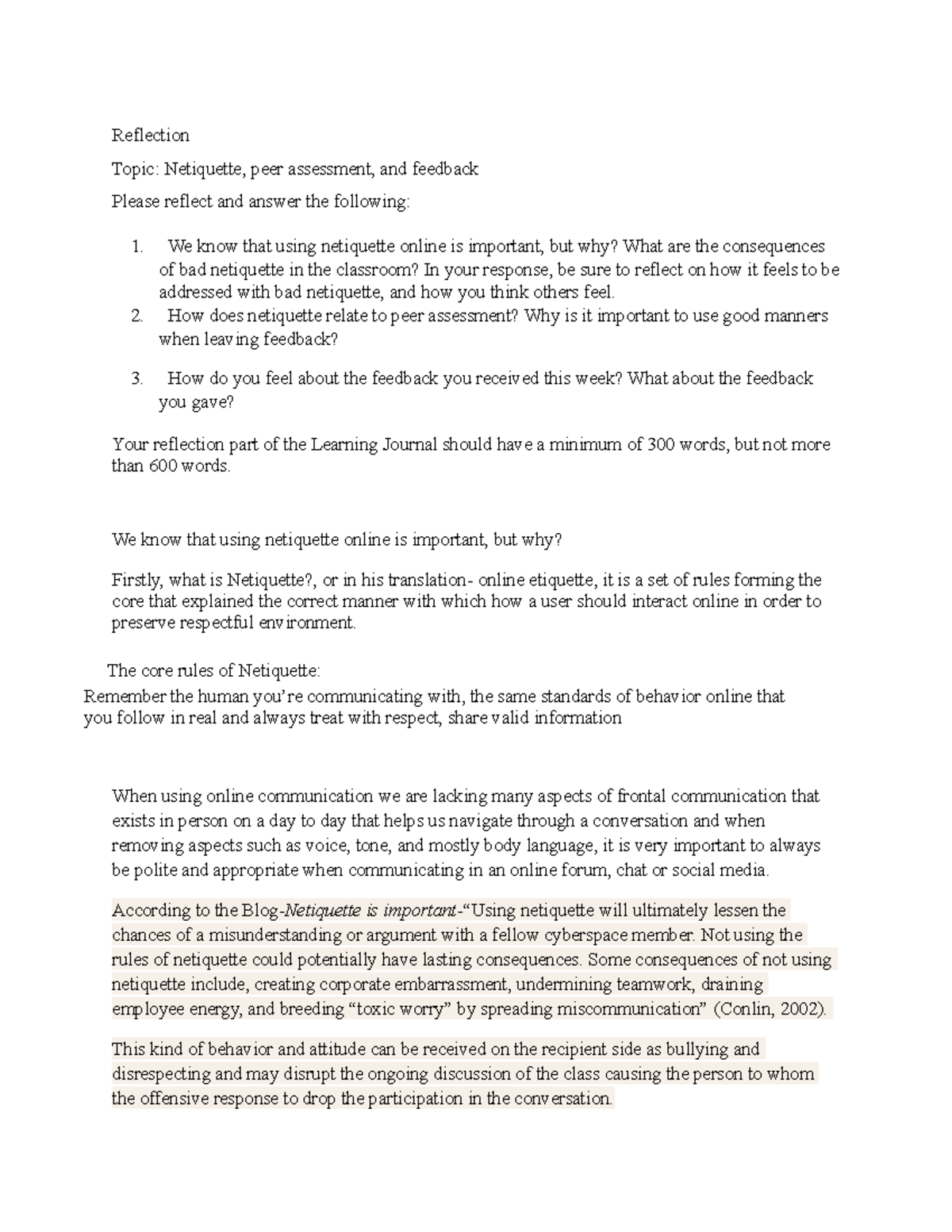UNIV 1001 learning journal unit 3 - Reflection Topic: Netiquette, peer ...