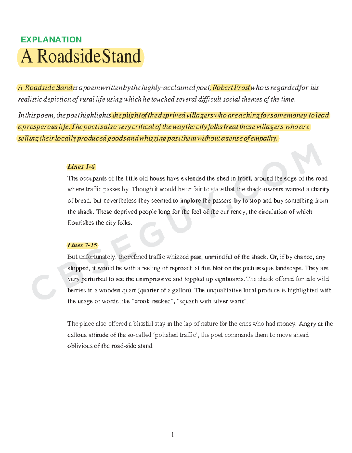 Poem Summary: A Roadside Stand (ENG 101) - Studocu