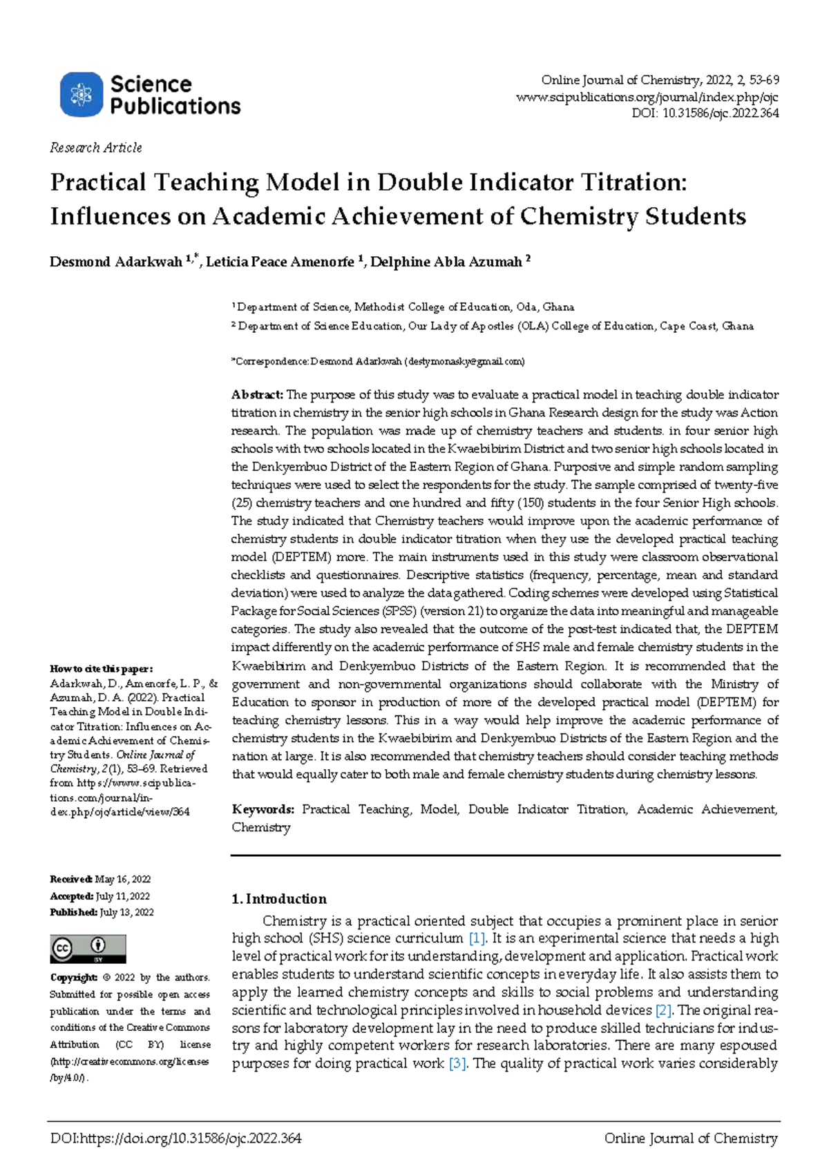 Practical Teaching Model for Double Indicator Titration: Impact on SHS ...
