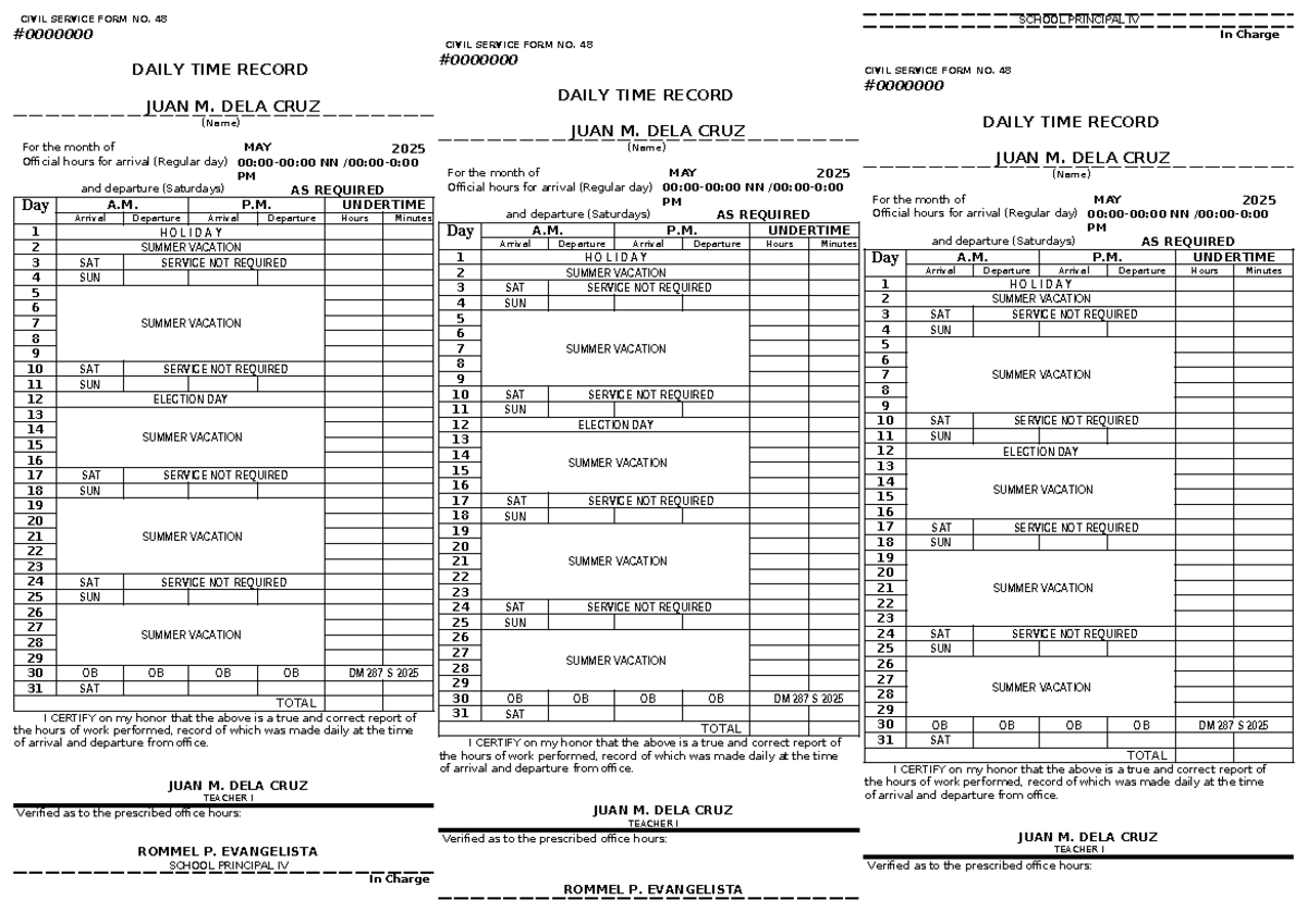 CIVIL SERVICE FORM NO. 48: DTR Template for School Principal IV - May ...