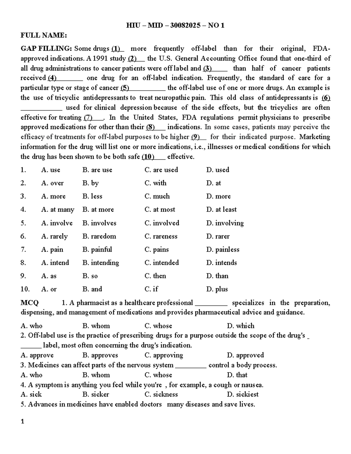 HIU MID 300825 01 - Gap Filling and MCQ Practice on Drug Use - Studocu