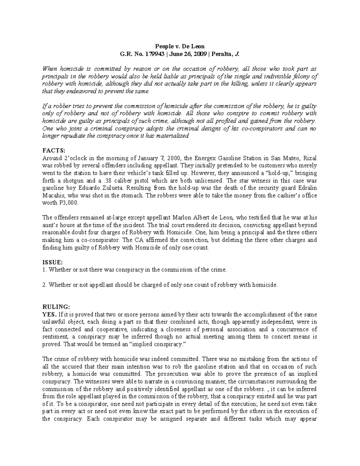 People v. De Leon G.R. No. 179943: Robbery with Homicide Case Analysis ...