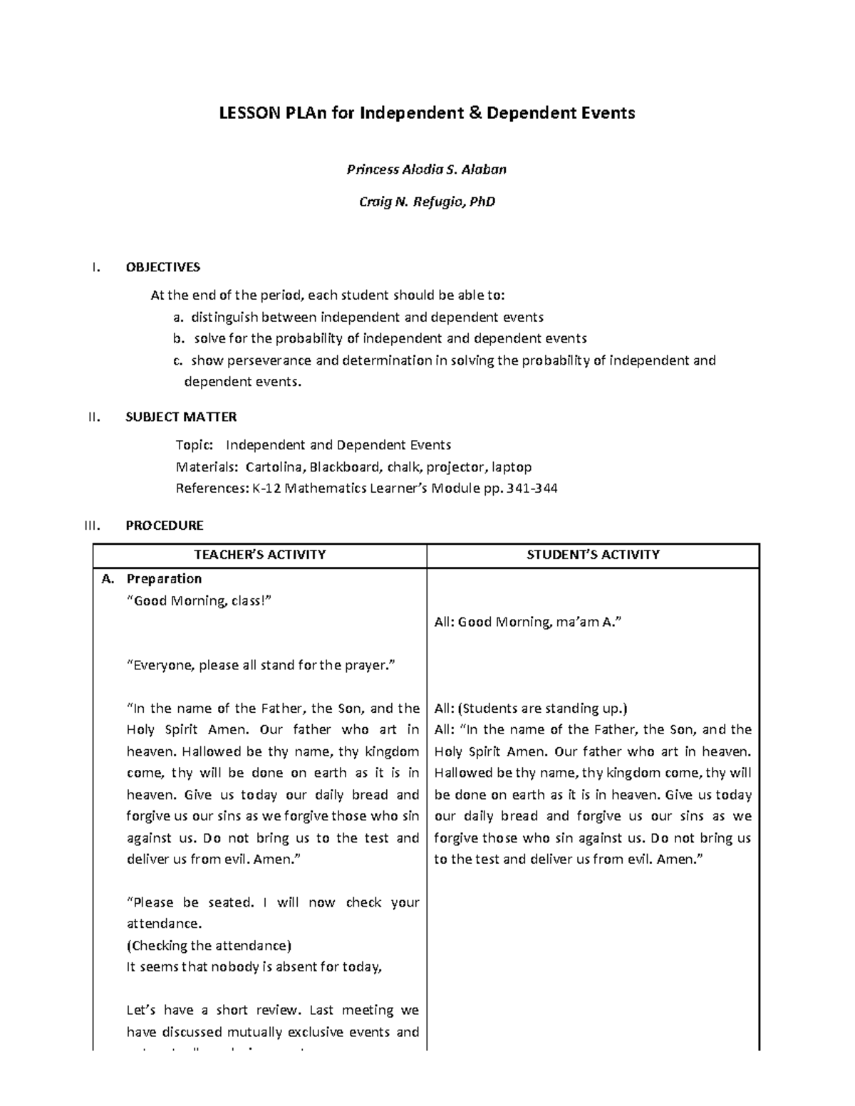 Final Lesson Plan on Independent & Dependent Events (Math 101) - Studocu