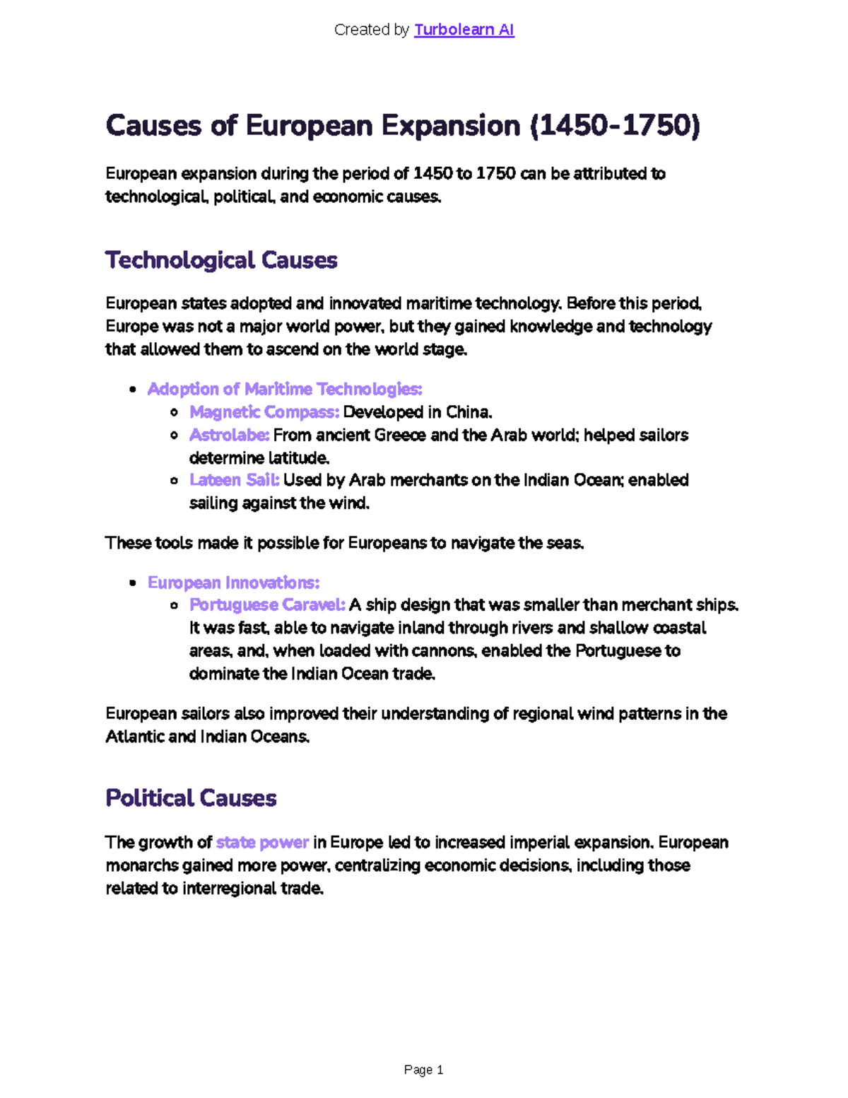 Causes of European Expansion (1450-1750) - HIST 101 Lecture Notes - Studocu