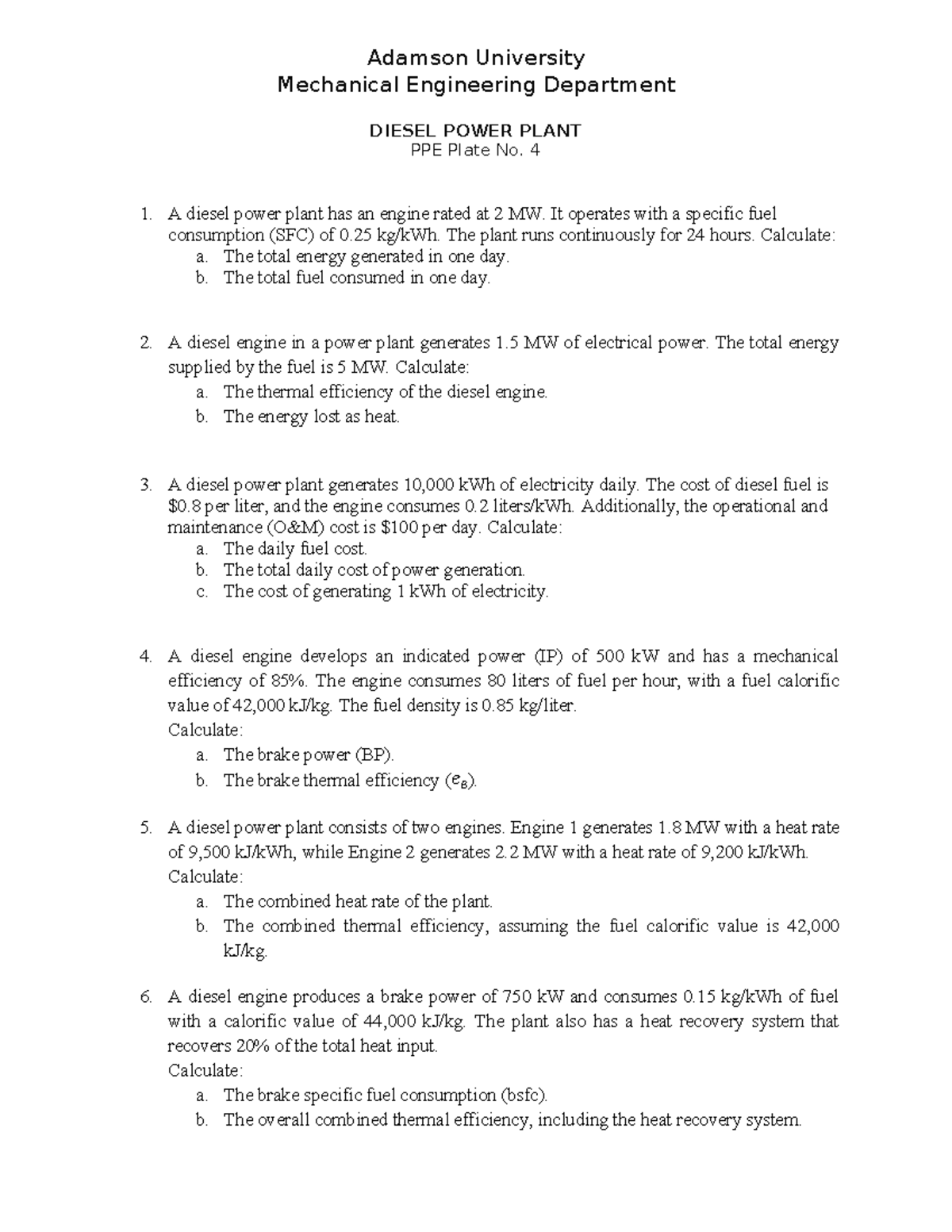 PPE Plate 4 Diesel - None - Adamson University Mechanical Engineering ...