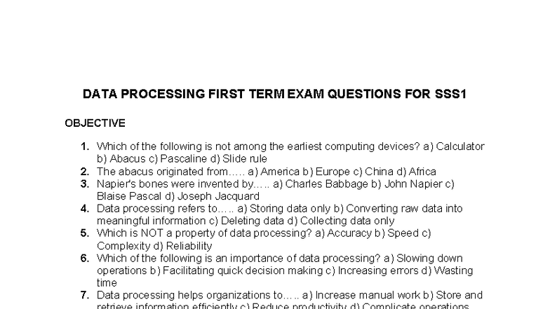 DATA PROCESSING SSS1 FIRST TERM EXAM QUESTIONS - Studocu