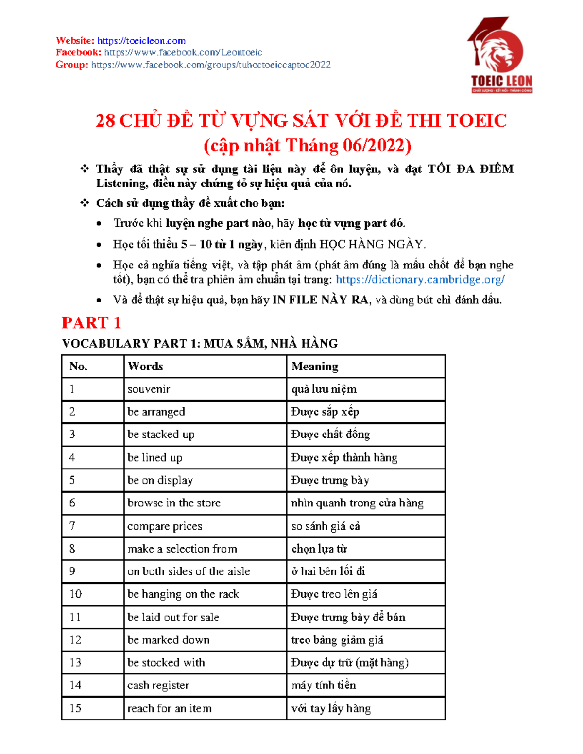 [ Toeic LEON] 28 CHỦ ĐỀ TỪ VỰNG PHẦN Listening Toeic MỚI NHẤT (PHẦN 1) - Facebook: - Studocu