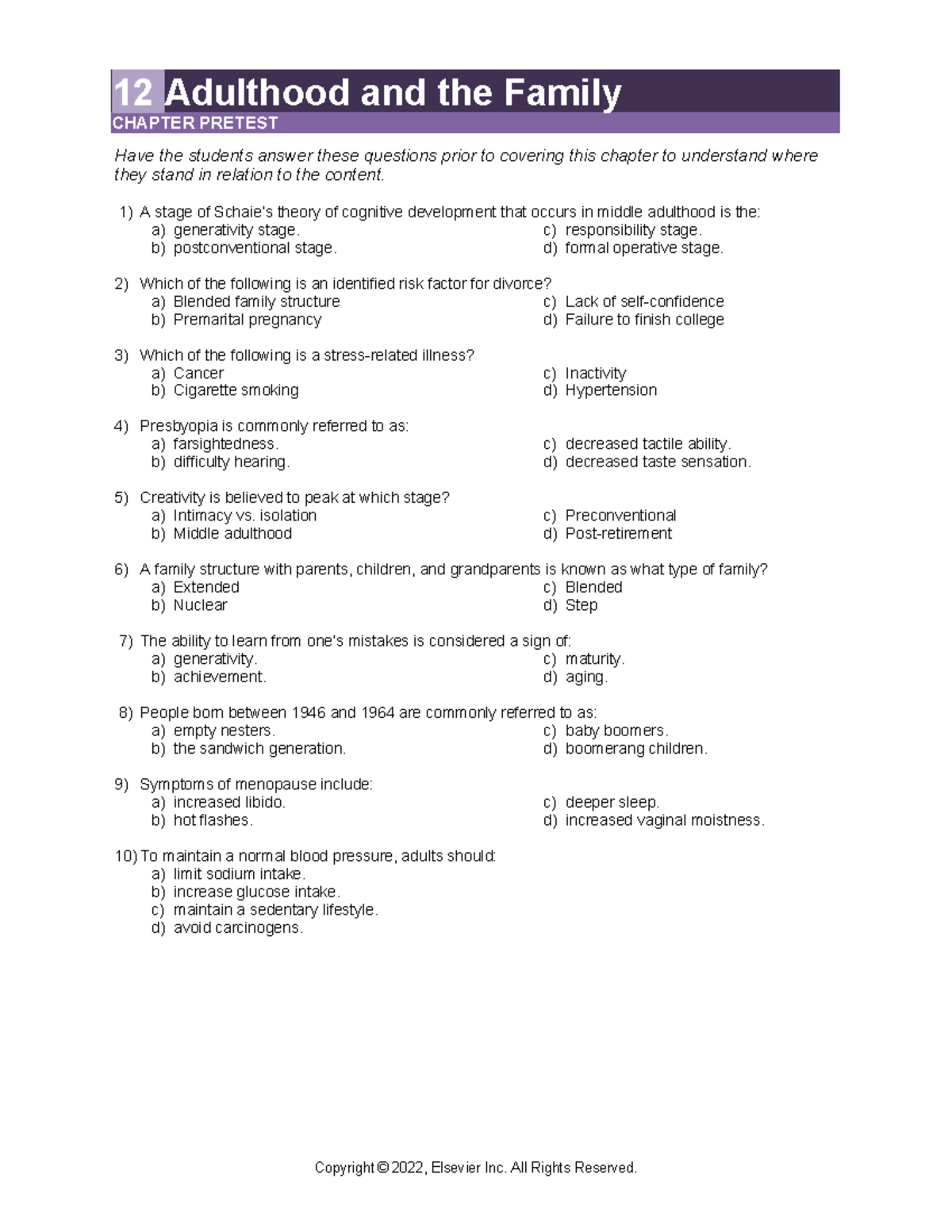 Ch. 12 Adulthood & Family Pre-Test Study Guide for Students - Studocu