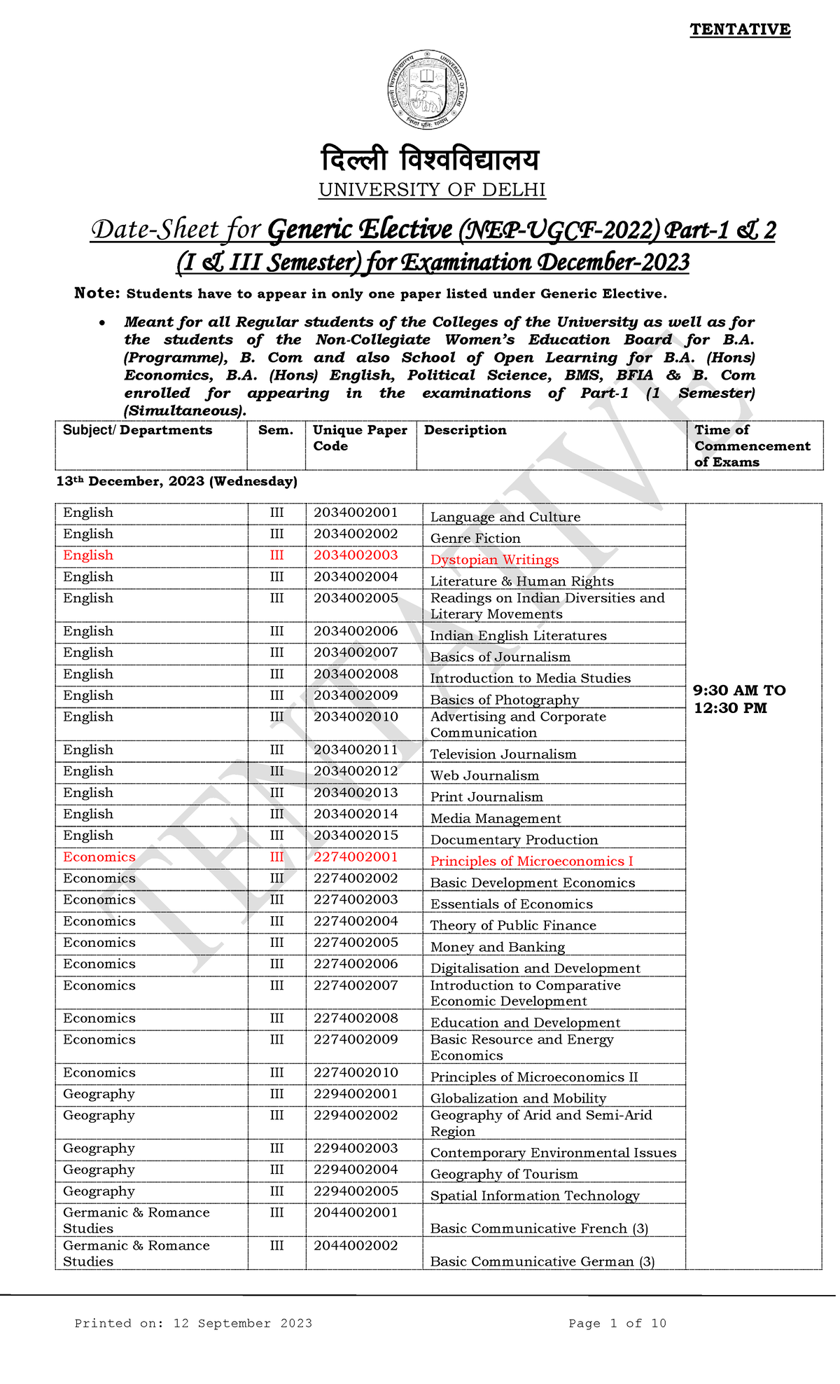 Date-Sheet for Generic Elective (NEP-UGCF-2022) Dec 2023 Exams - Studocu