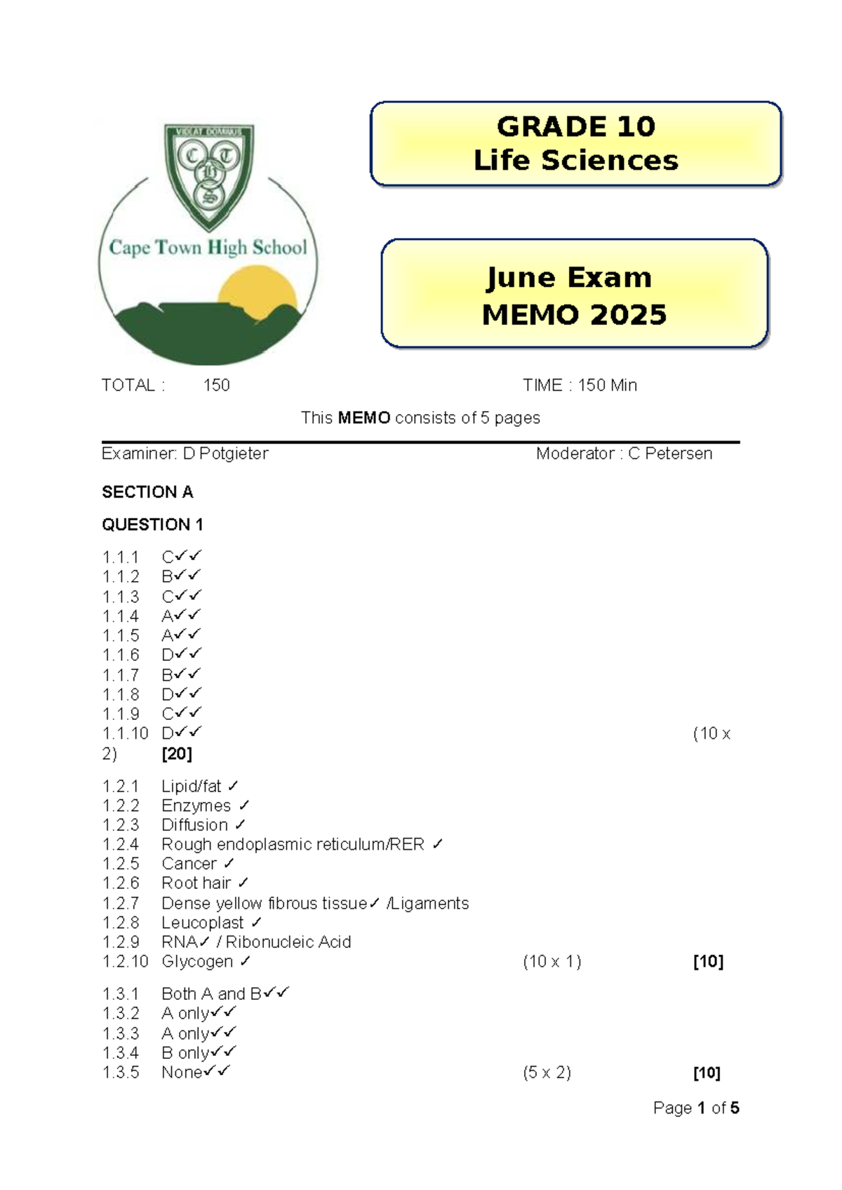 Grade 10 Life Sciences June 2025 Exam Memo (Total: 150 Marks) - Studocu