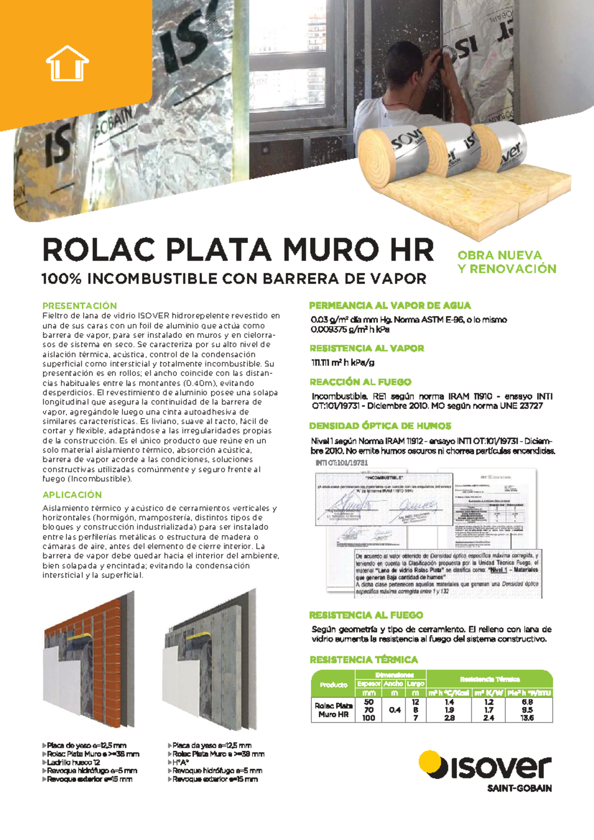 Rolac Plata Muro HR: Aislación Incombustible y Barrera de Vapor - Studocu