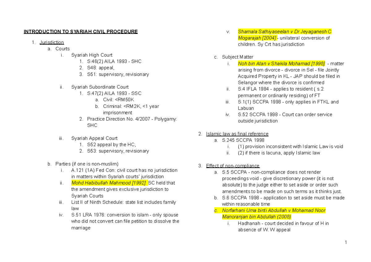 Final Brief Notes on Shariah Procedure - LAW 101 Final Exam - Studocu