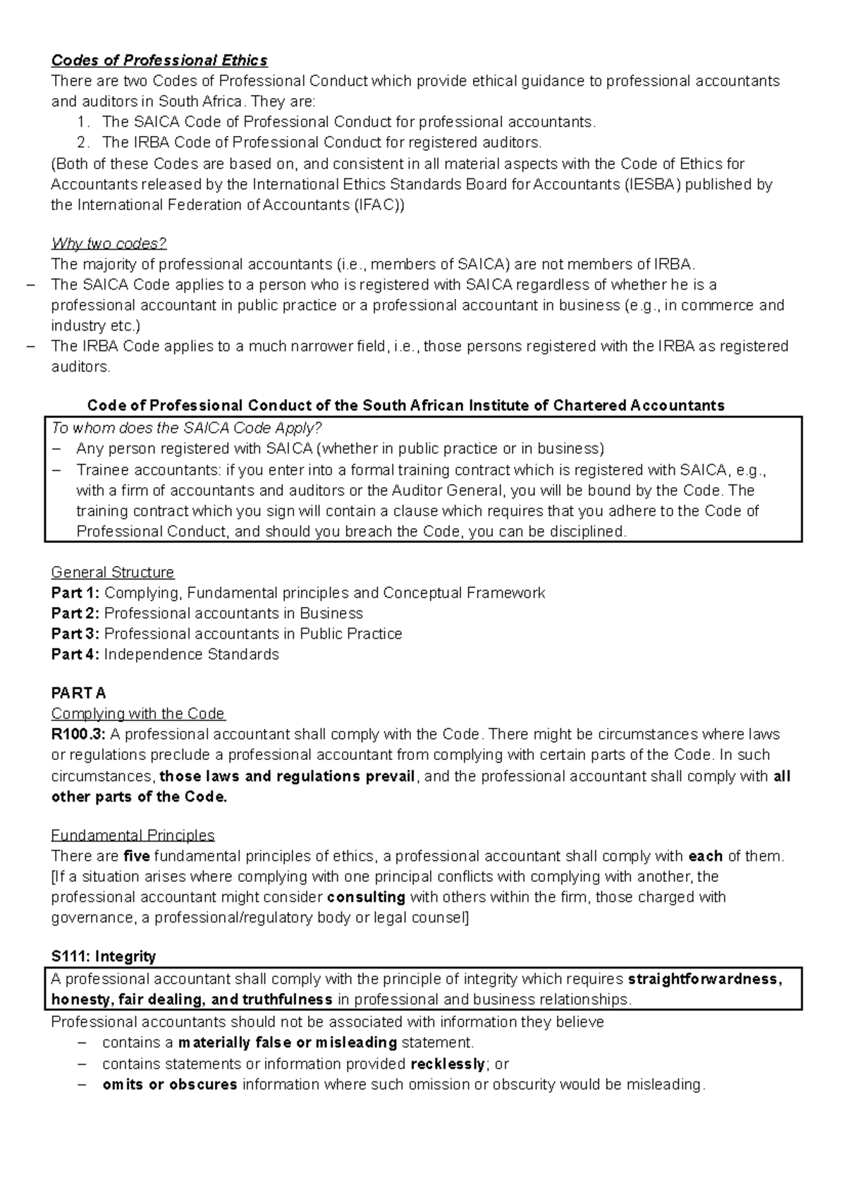 SAICA & IRBA Codes of Professional Conduct for Accountants & Auditors - Studocu