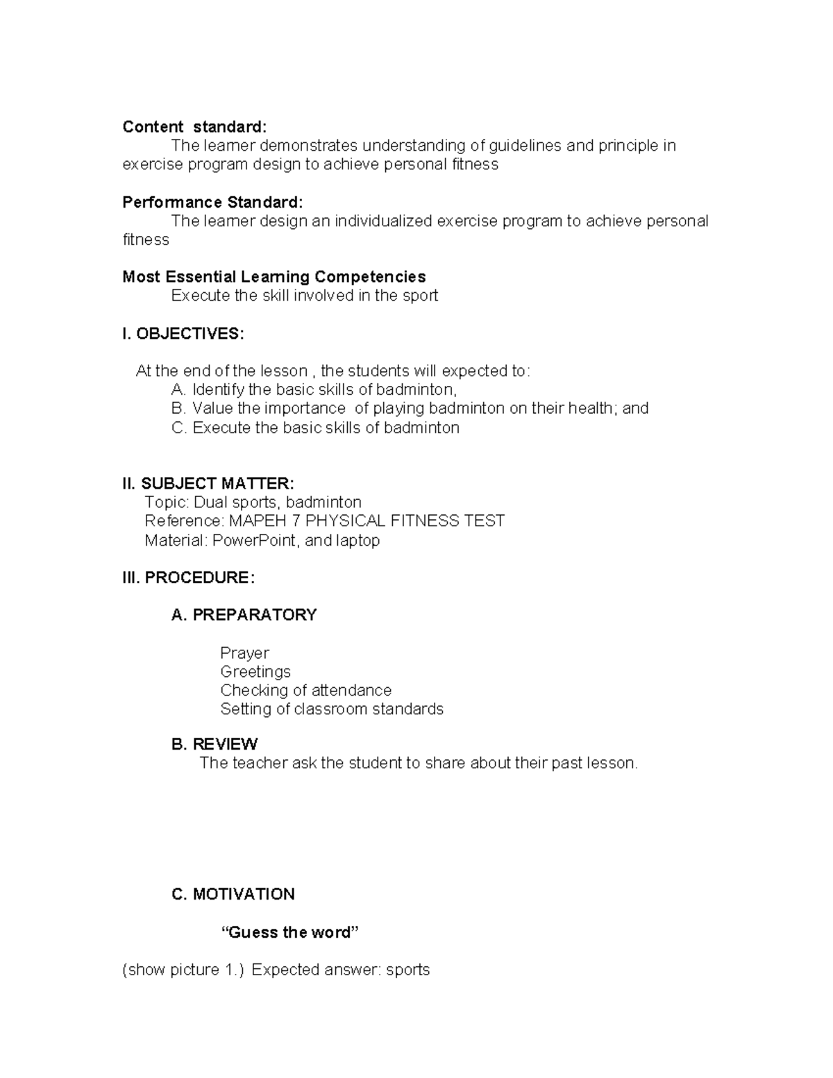 Lesson Plan: Badminton Skills & Fitness (MAPEH 7) - Studocu