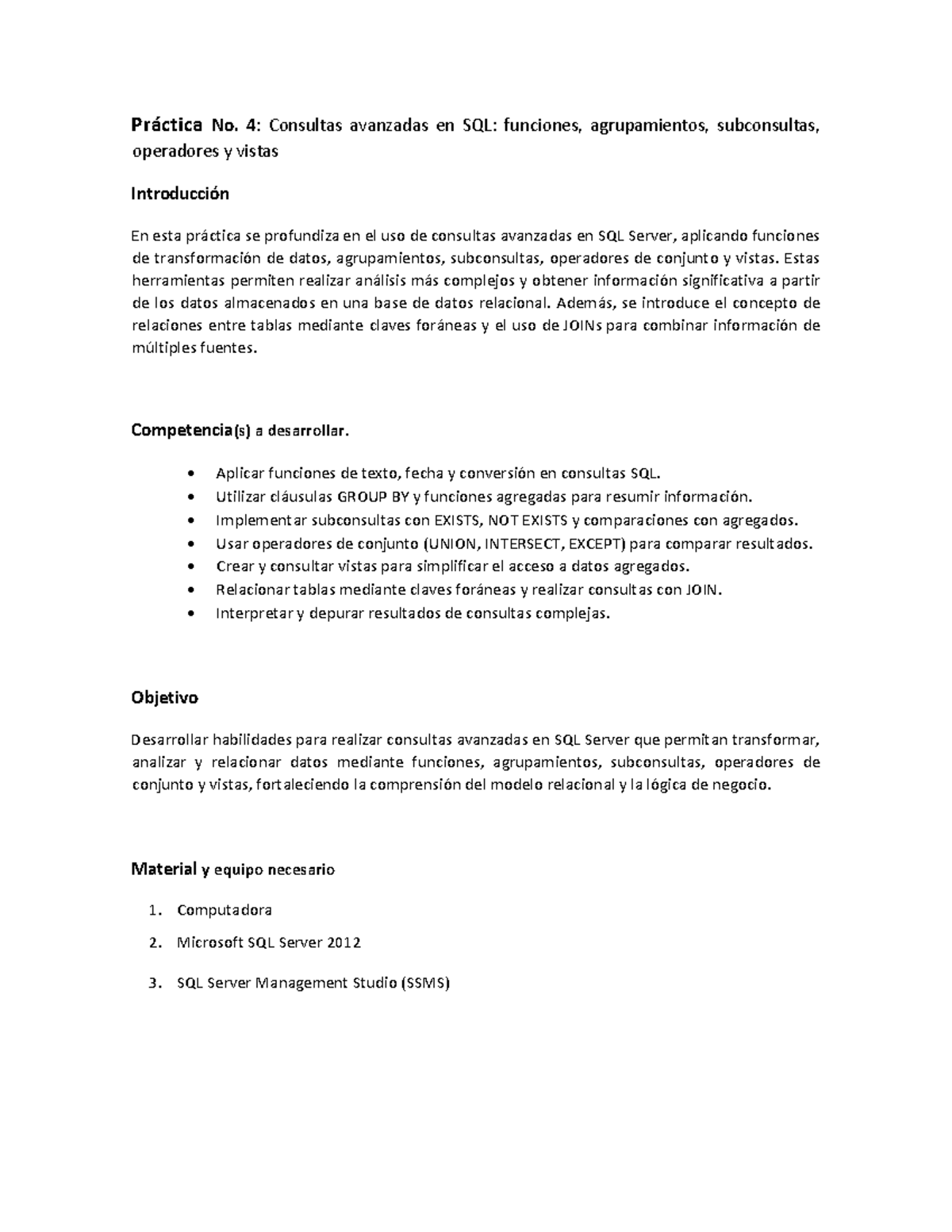 Práctica No. 4: Consultas Avanzadas en SQL Server - Funciones y Vistas - Studocu