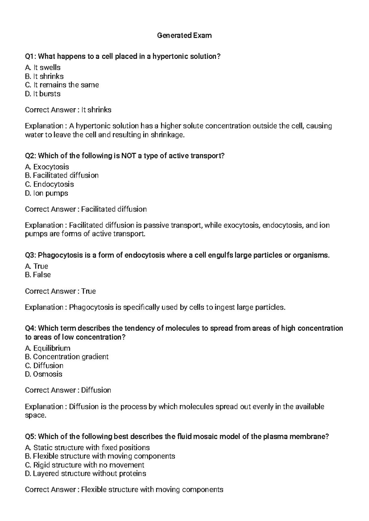 MCQs BMS 101: Cell Transport Mechanisms and Membrane Dynamics - Studocu
