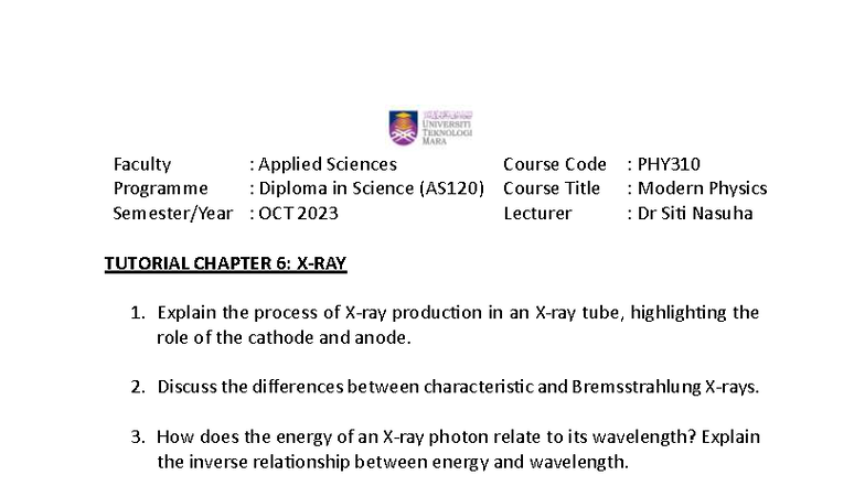 PHY310 Modern Physics Tutorial: Chapter 6 Overview and Problems - Studocu