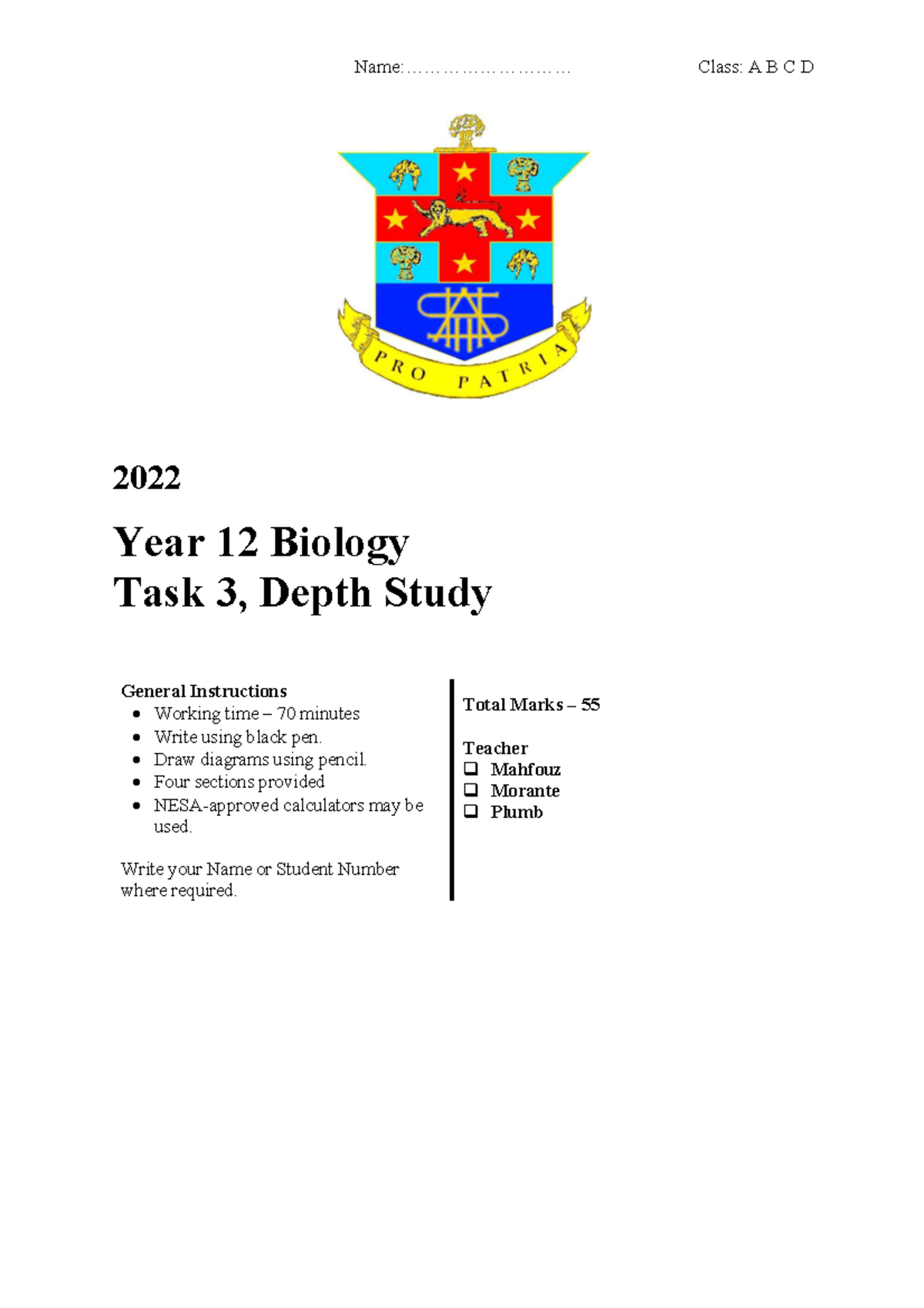 2022 Yr 12 Biology Task 3: Depth Study General Instructions - Studocu