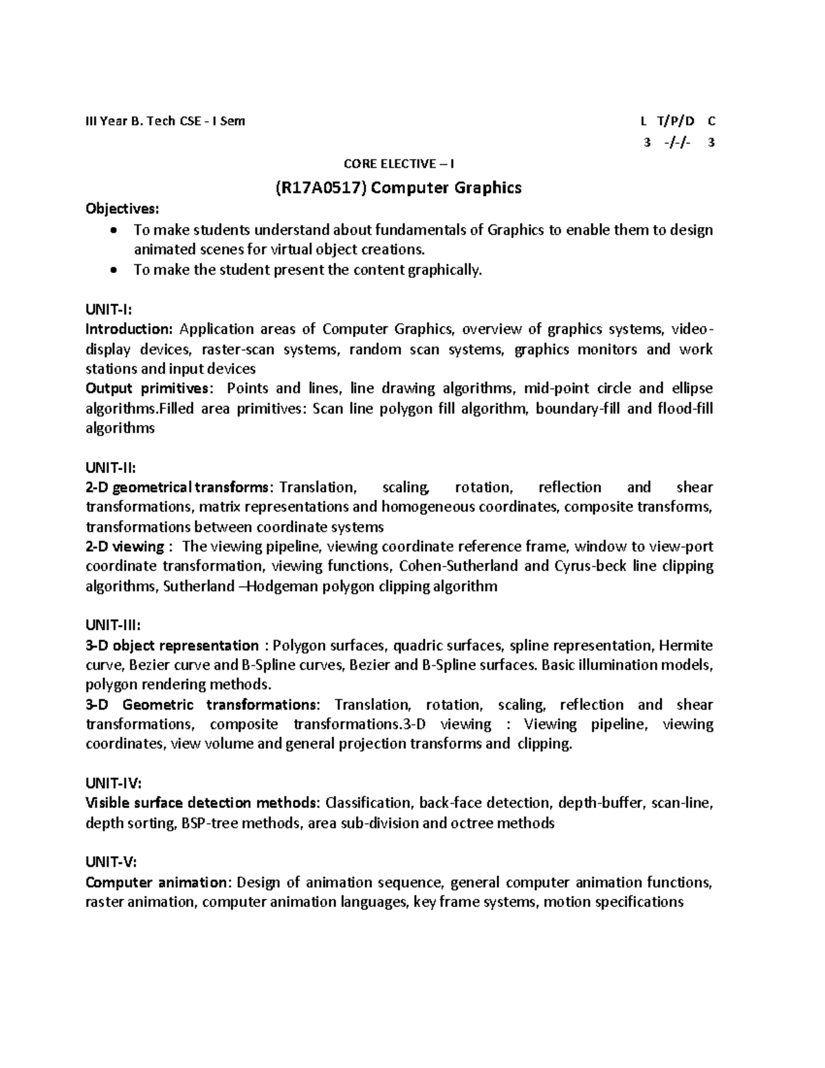 B.Tech CSE I Sem (R17A0517) Core Elective I: Computer Graphics Notes ...