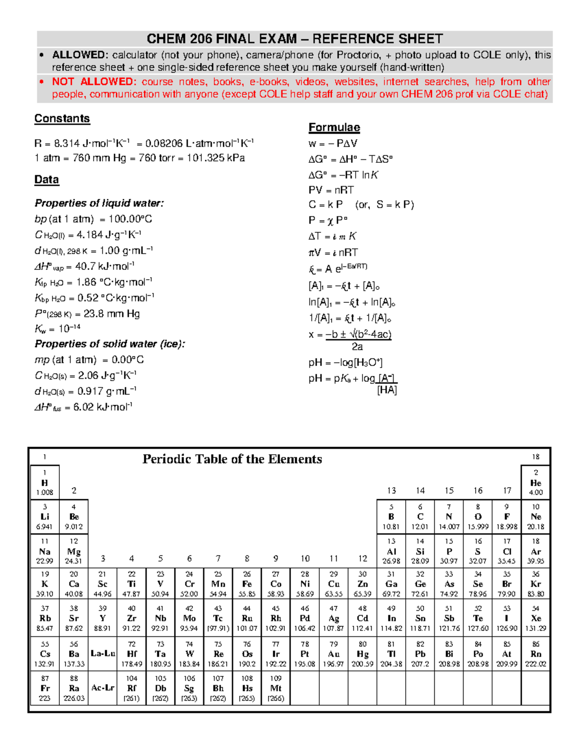 CHEM206 Final Exam Reference Sheet - Essential Constants and Data - Studocu