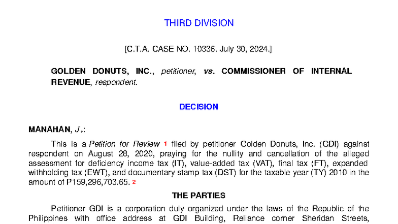 Golden Donuts, Inc. v. Commissioner of Internal Revenue: Case No. 10336 Decision - Studocu