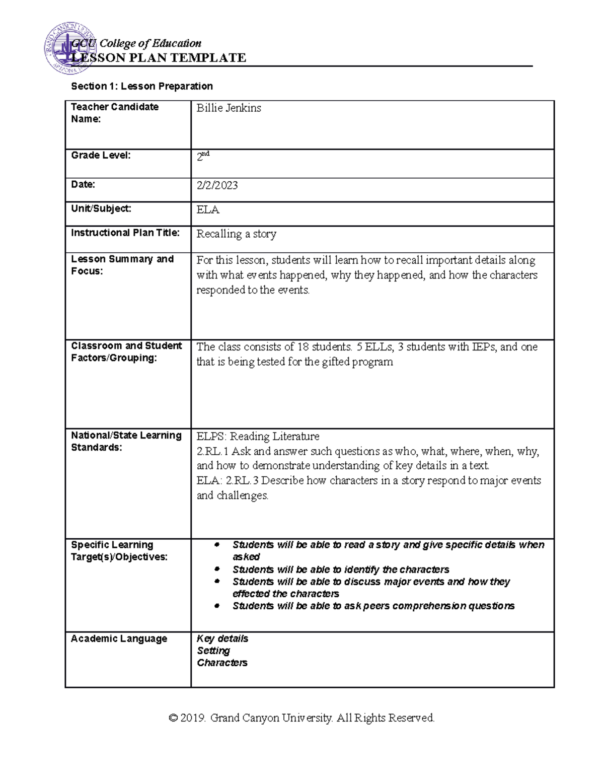 Benchmark – ELA Lesson Plan for English Language Learners (2nd Grade ...