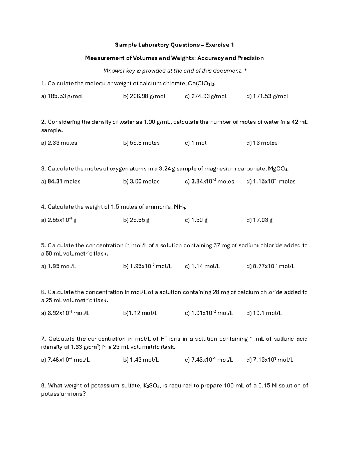 Laboratory Exercise 1: Measurement of Volumes & Weights (Ex1) - Studocu