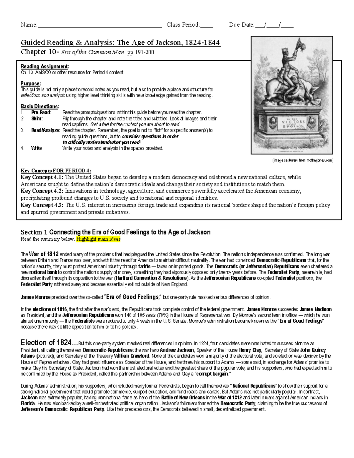 Chapter 10 Reading Guide: The Age of Jackson (AMSCO) Analysis and Notes ...