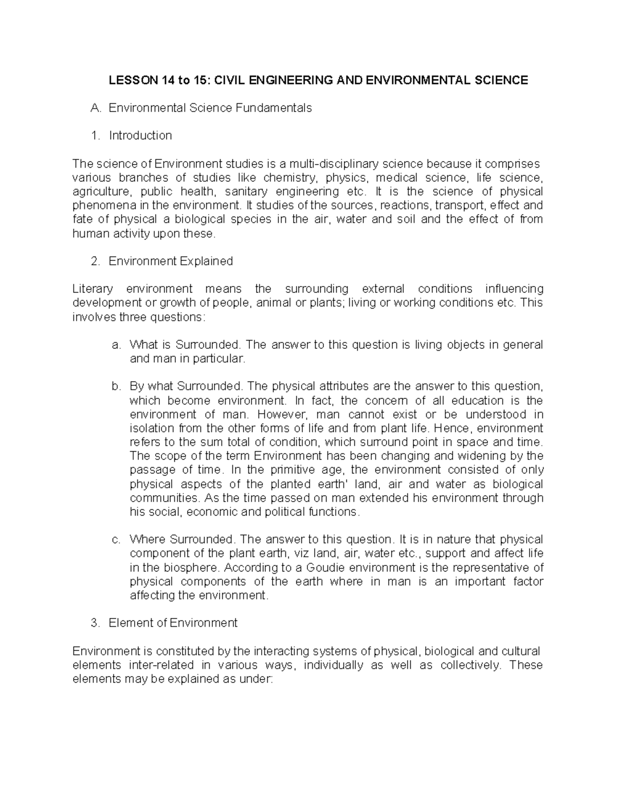 Lesson 14-15: Civil Engineering & Environmental Science Overview - Studocu