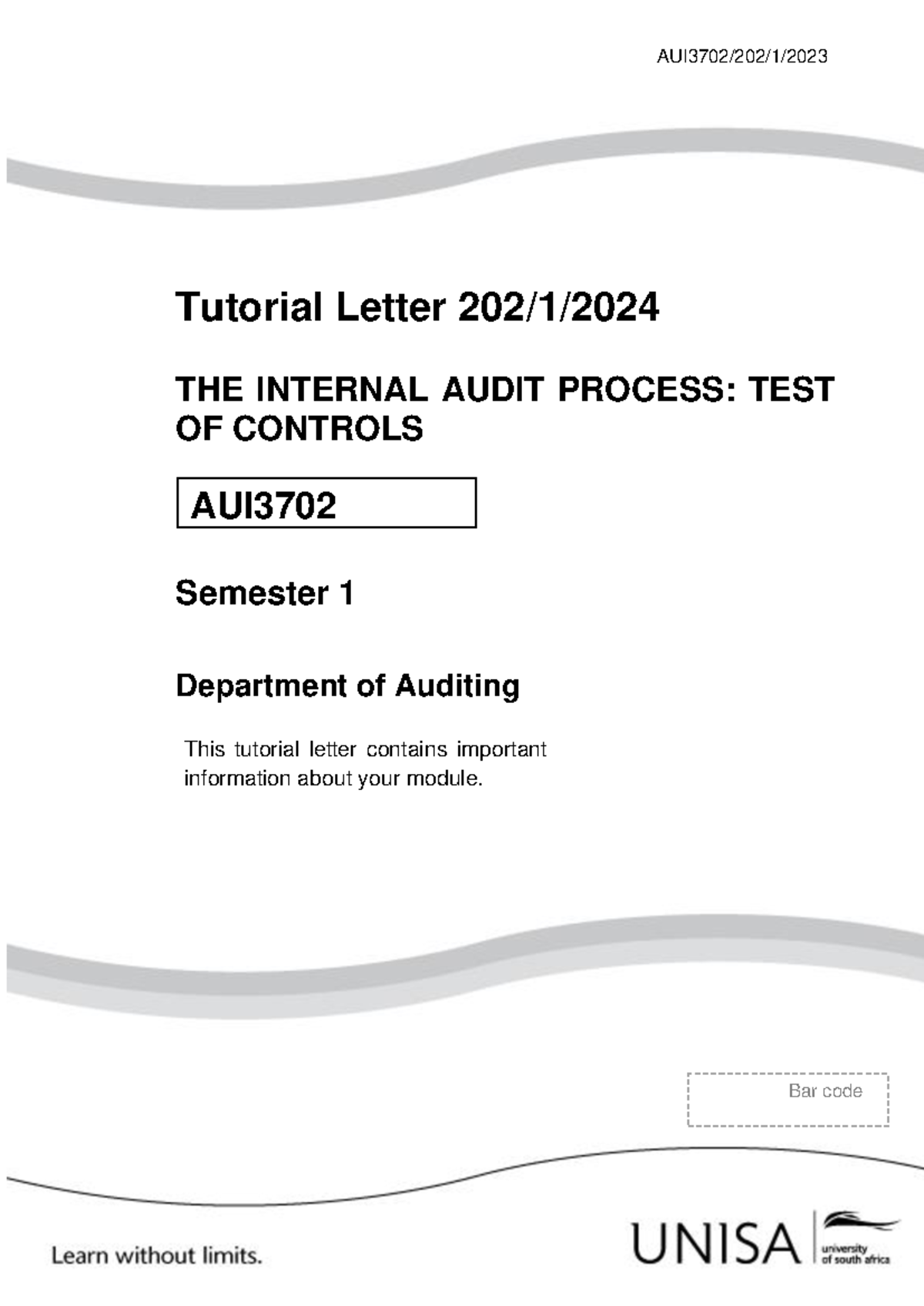 AUI3702 TL202 2024 Internal Audit Process and Controls Memo - Studocu