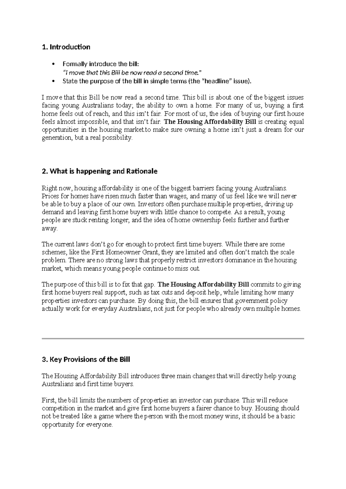 Housing Affordability Bill: Structure of a Second Reading Speech - Studocu