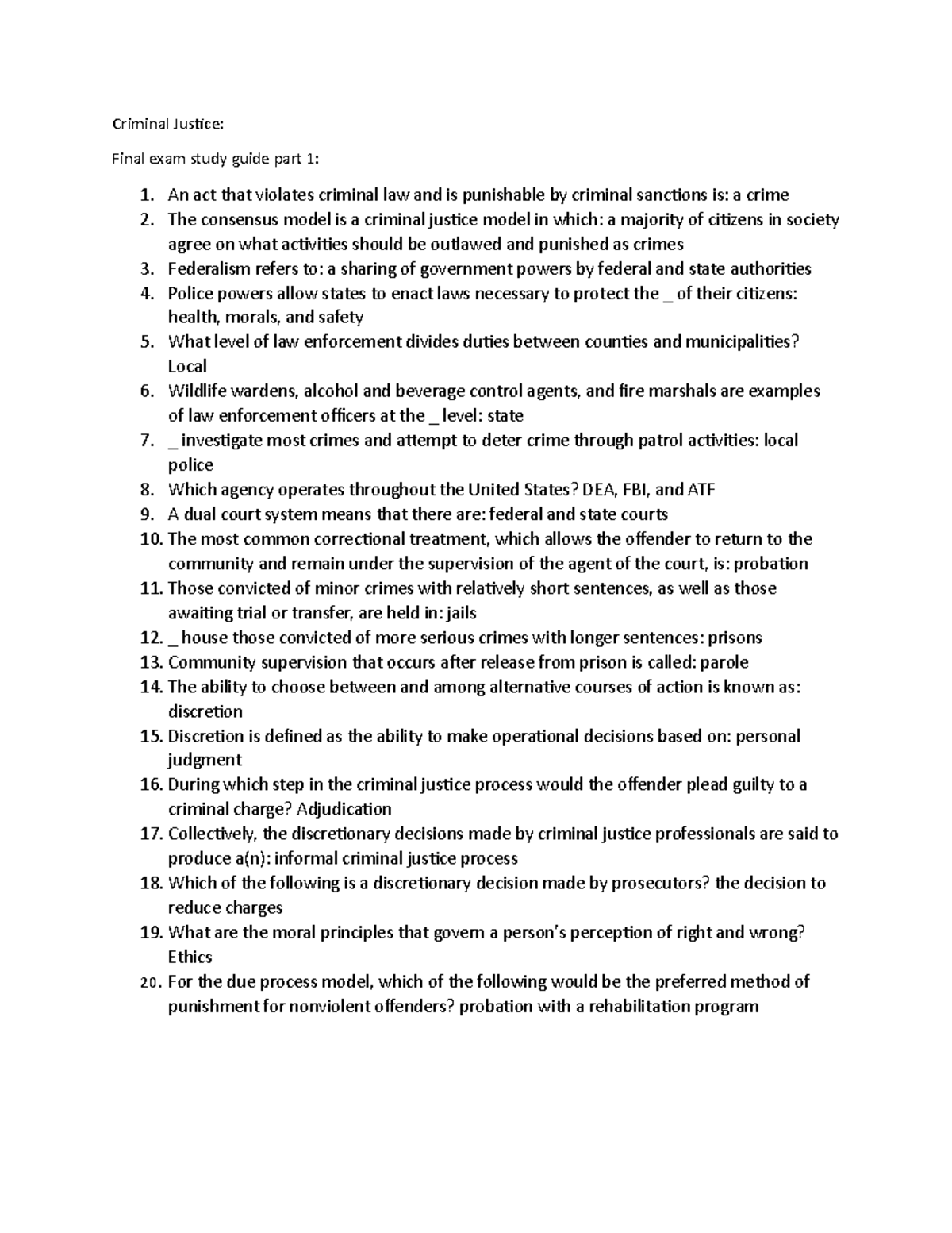 Criminal justice final exam study guide part 1 - Criminal Justice ...