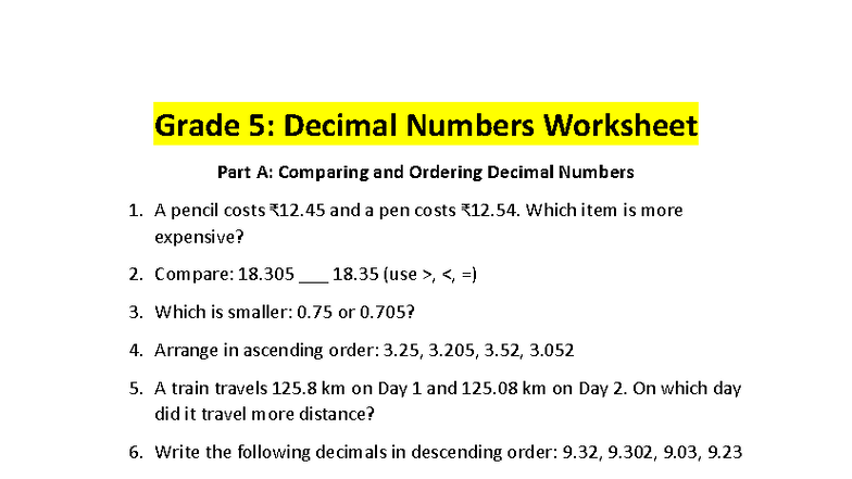 Grade 5: Decimal Numbers Worksheet (Part A-D) - MATHS PRACTICE - Studocu