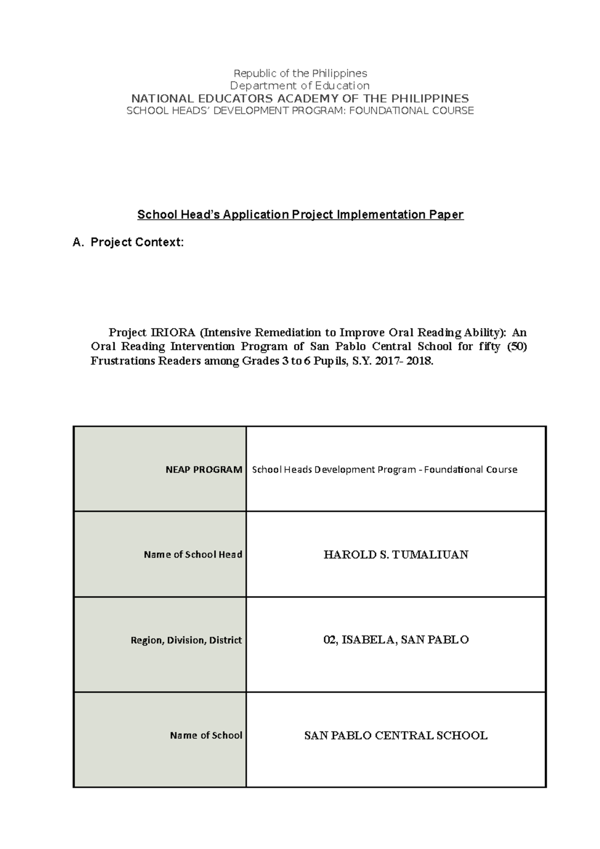 SHDP Foundation Course Application Project: Project IRIORA Plan - Studocu