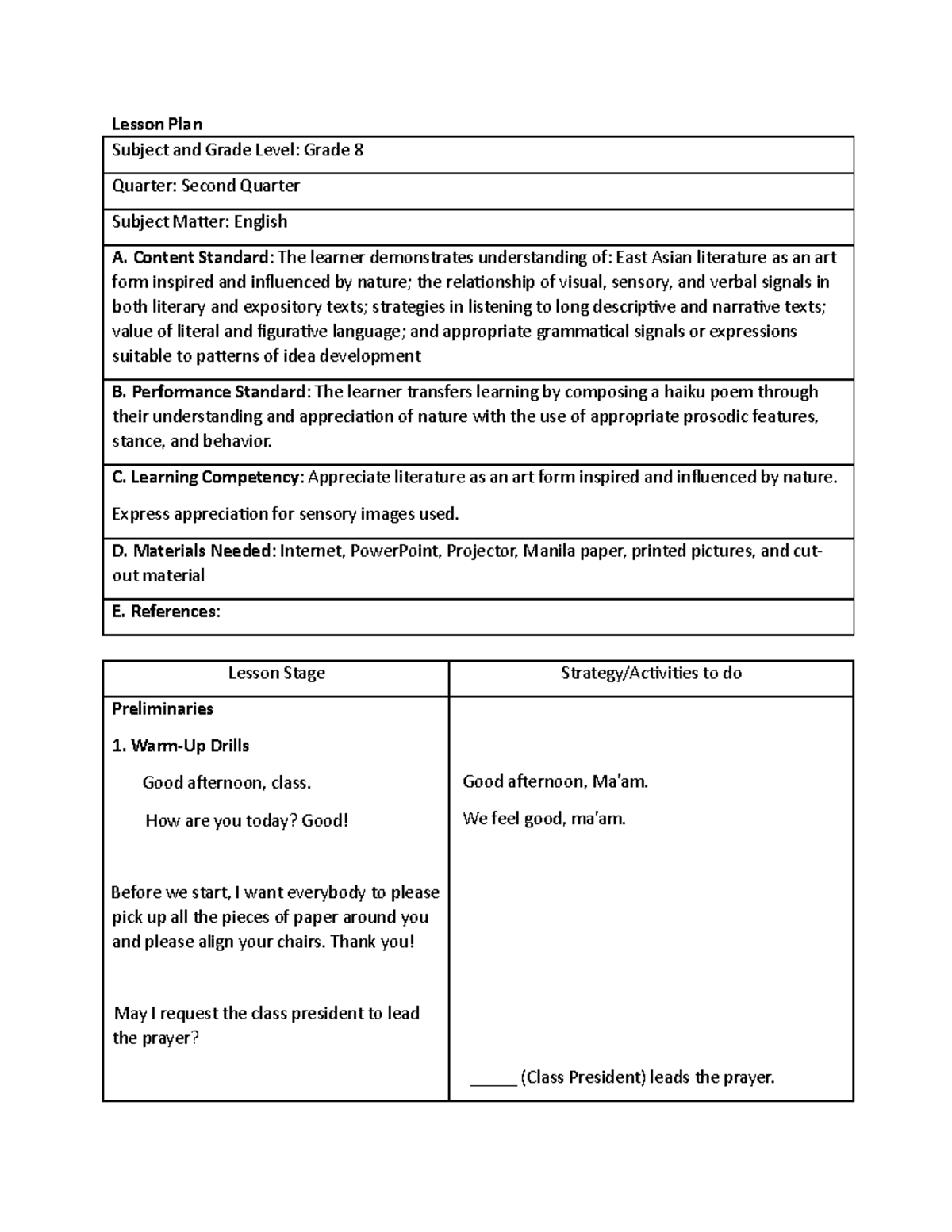 Feby-Dungog East Asian Lit-Lesson Plan-Day 1 - Lesson Plan Subject and ...