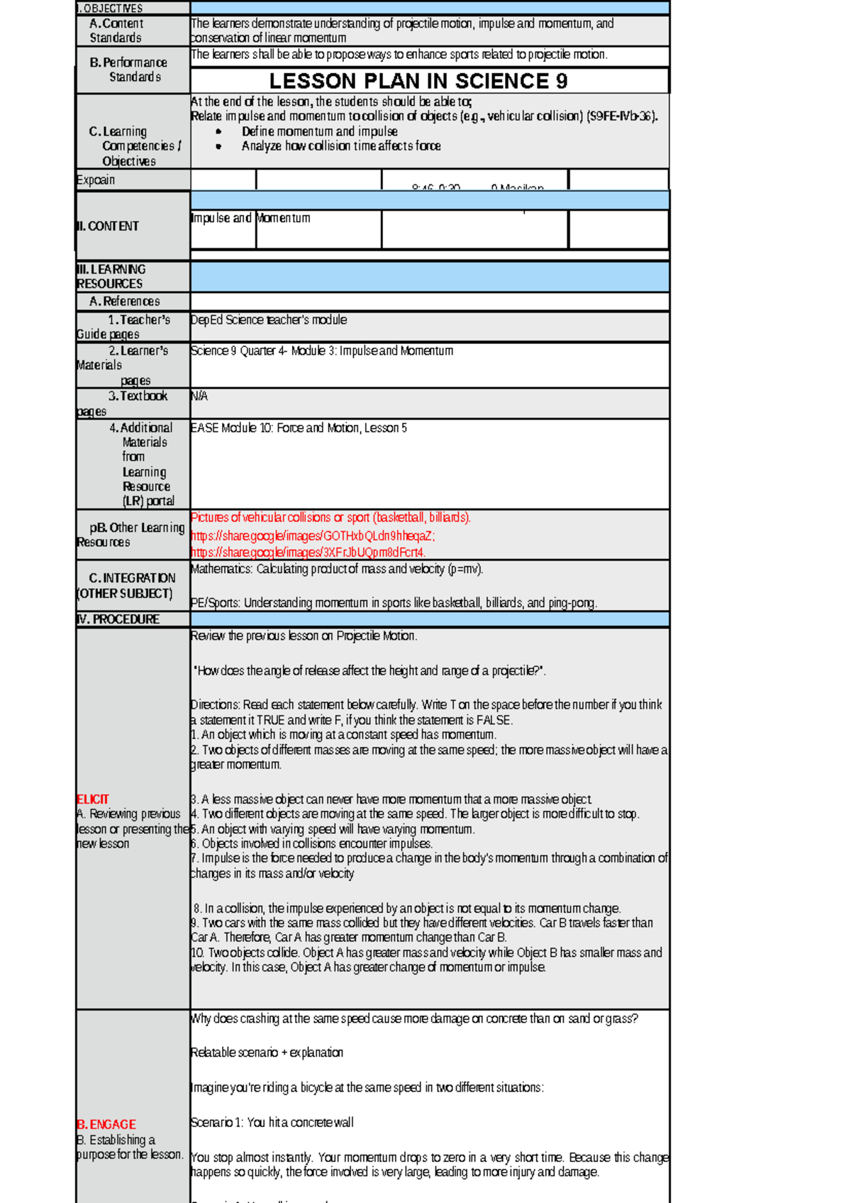 Science 9 Lesson Plan: Impulse and Momentum (4th Quarter) - Studocu