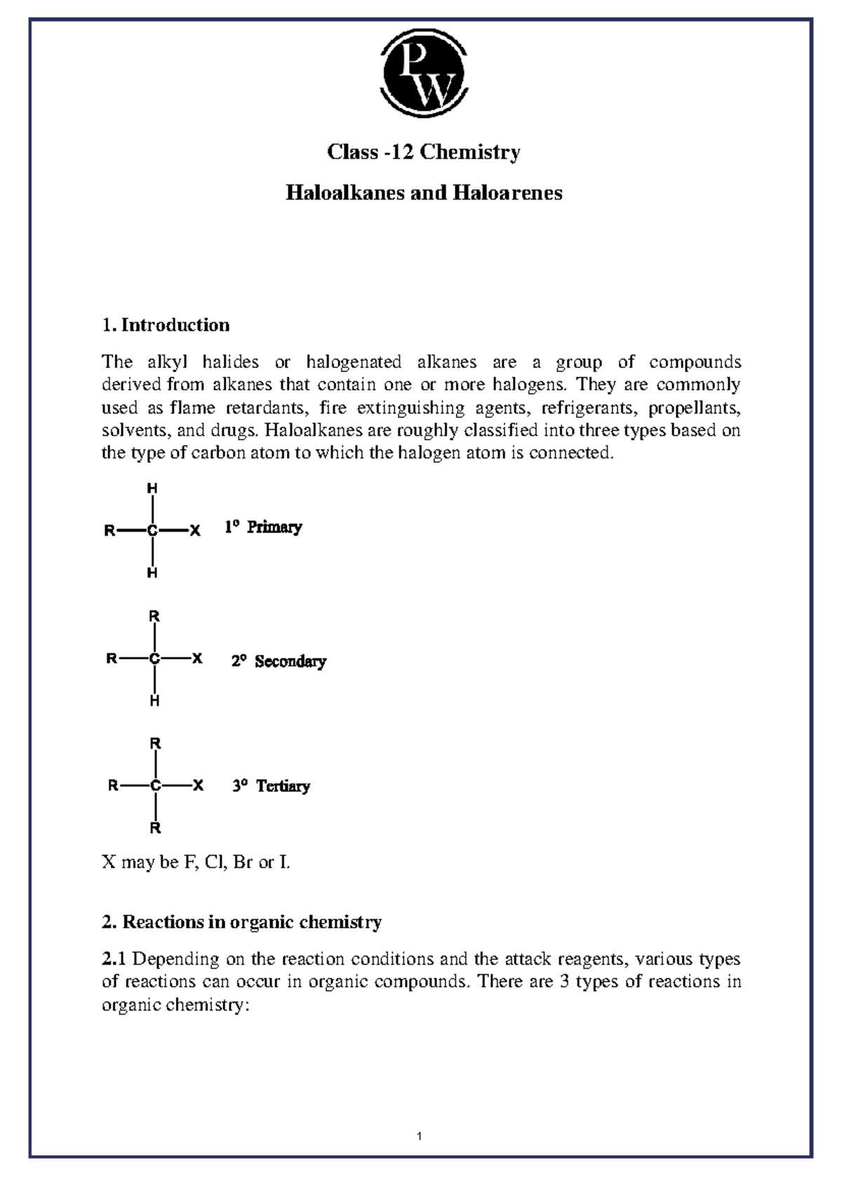 Haloalkanes and Haloarenes: Key Concepts and Reactions (CHEM 101) - Studocu