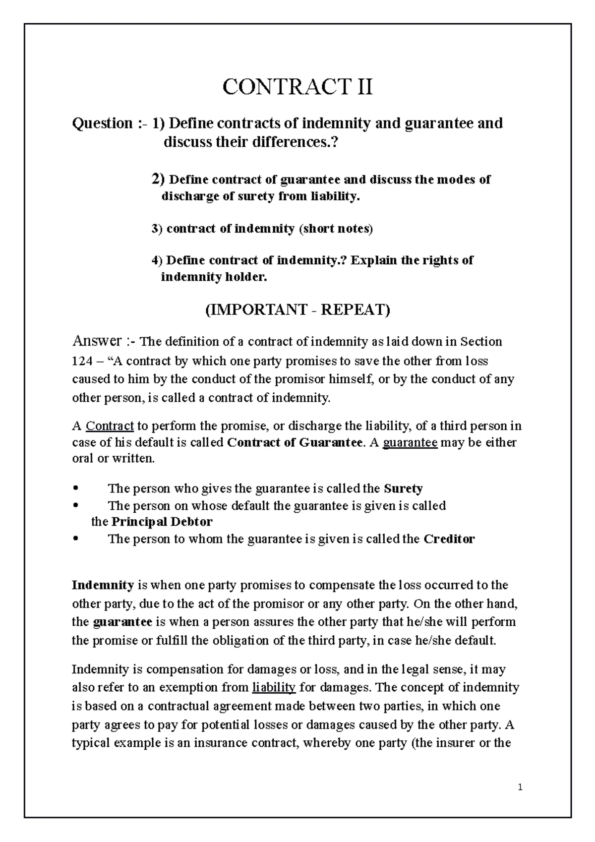 Contract II - Lecture notes All - KLE LAW ACADEMY BELAGAVI (Constituent ...