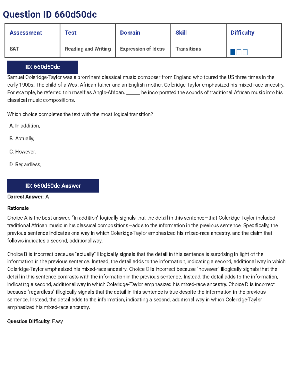 Assessment Test: SAT Reading & Writing Expression of Ideas Transitions ...