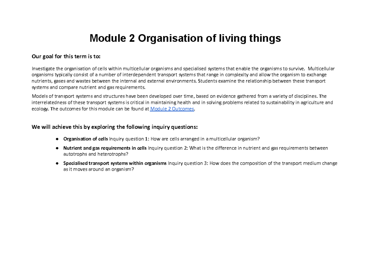 Module 2: Organisation of Living Things - Lesson Plan - Studocu