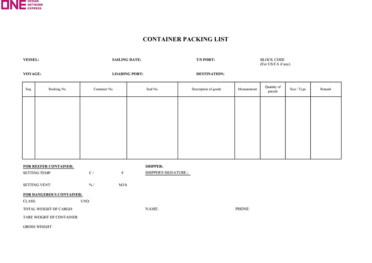ONE Container Packing LIST FORM - Quản trị Ngoại Thương - CONTAINER ...