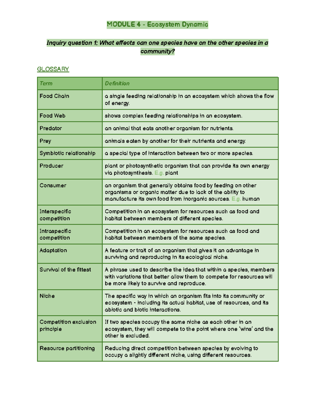 Module 4 Biology YR 11: Ecosystem Dynamics and Species Interactions ...