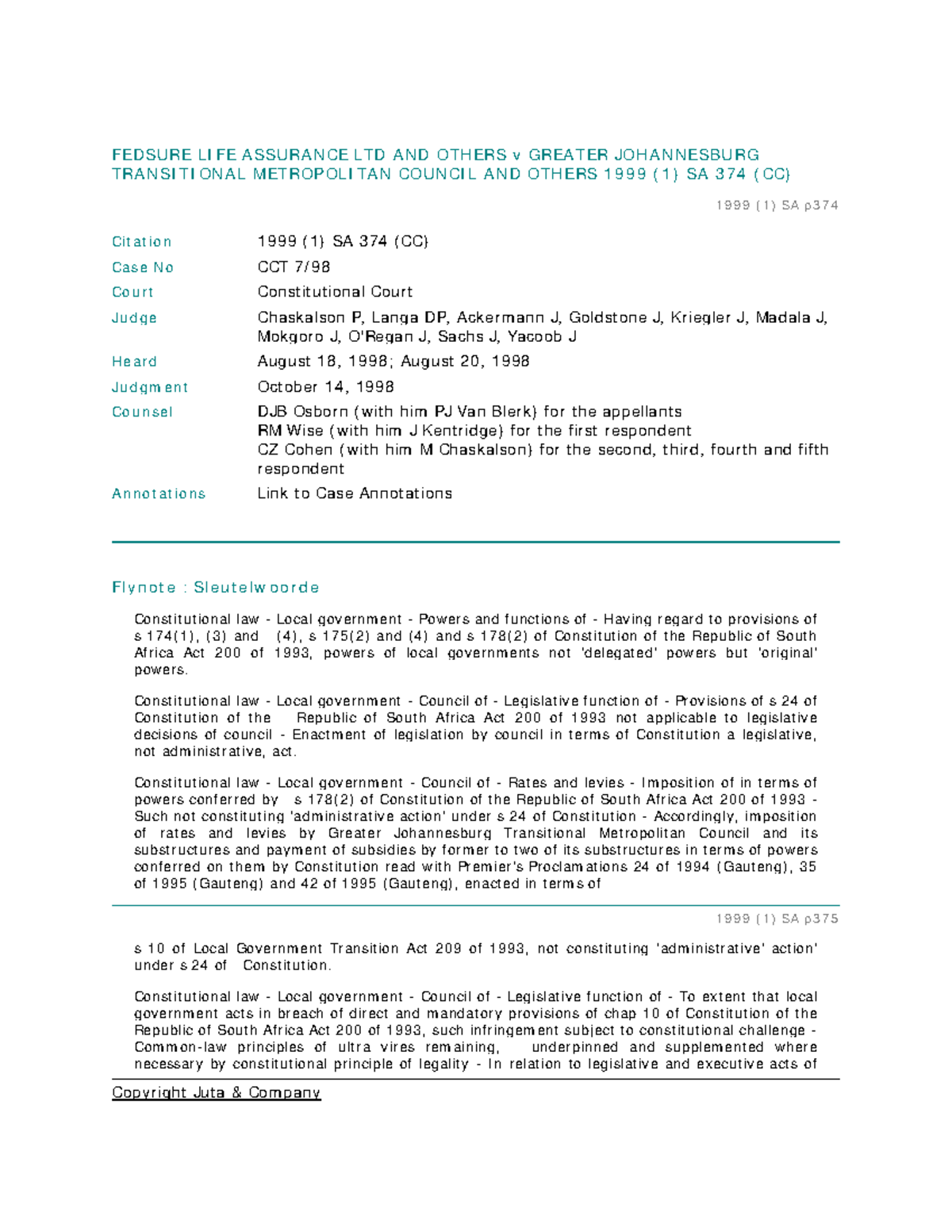 Fedsure LIFE Assurance LTD AND Others v Greater Johannesburg ...