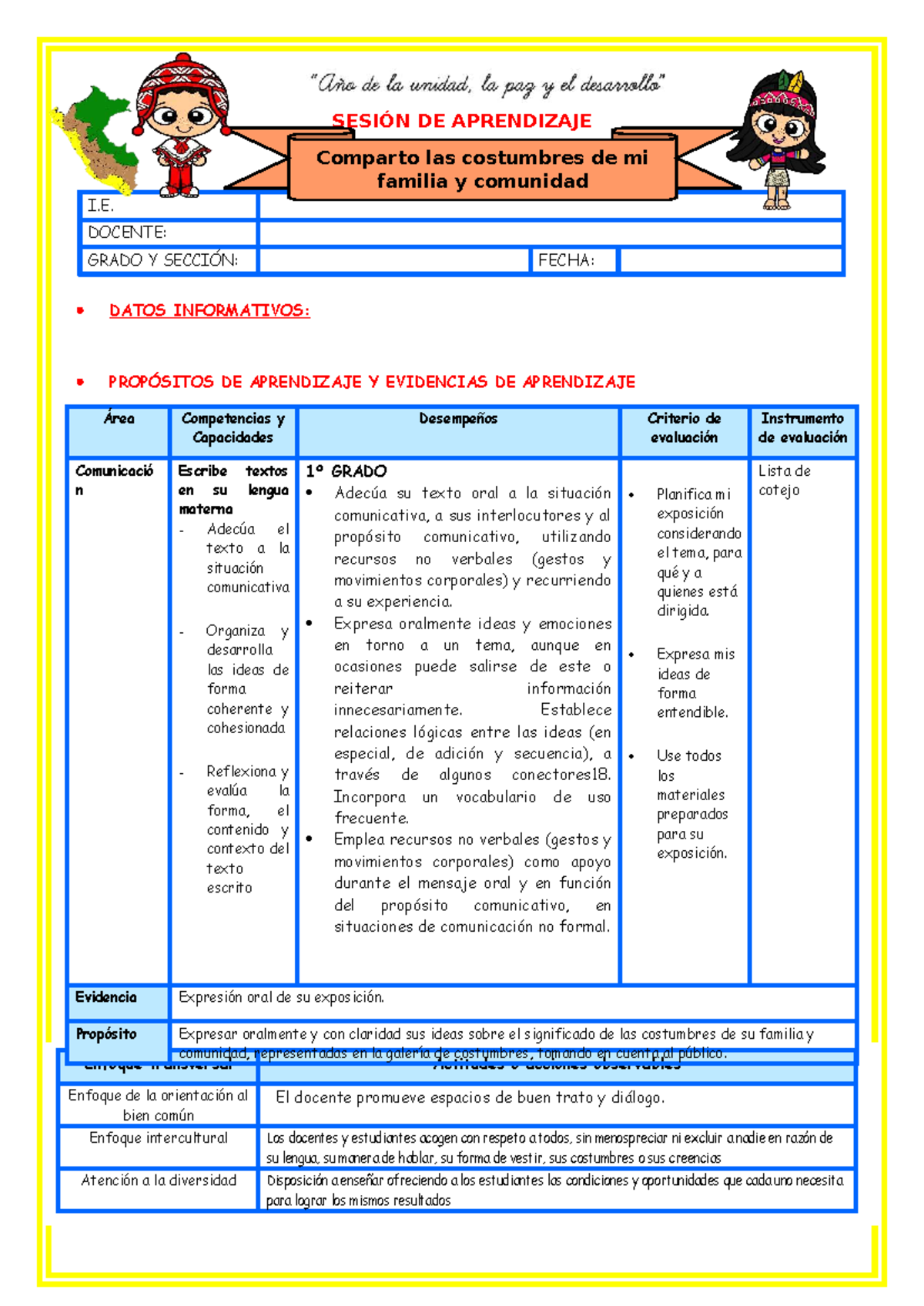SESION DE APRENDIZAJE: Costumbres de Mi Familia y Comunidad - 1º GRADO ...